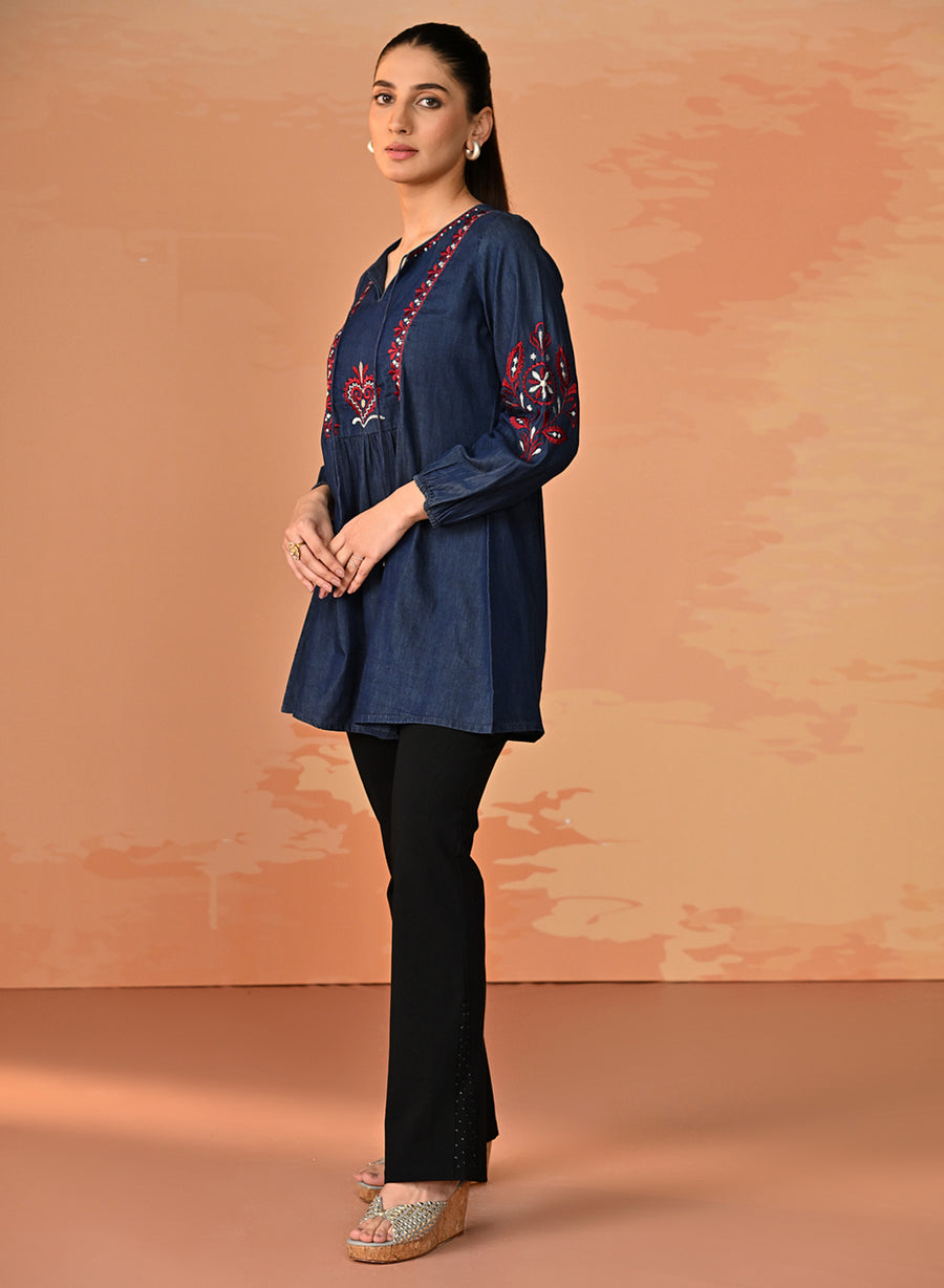 Amna Embroidered Denim Top for Women – Lakshita