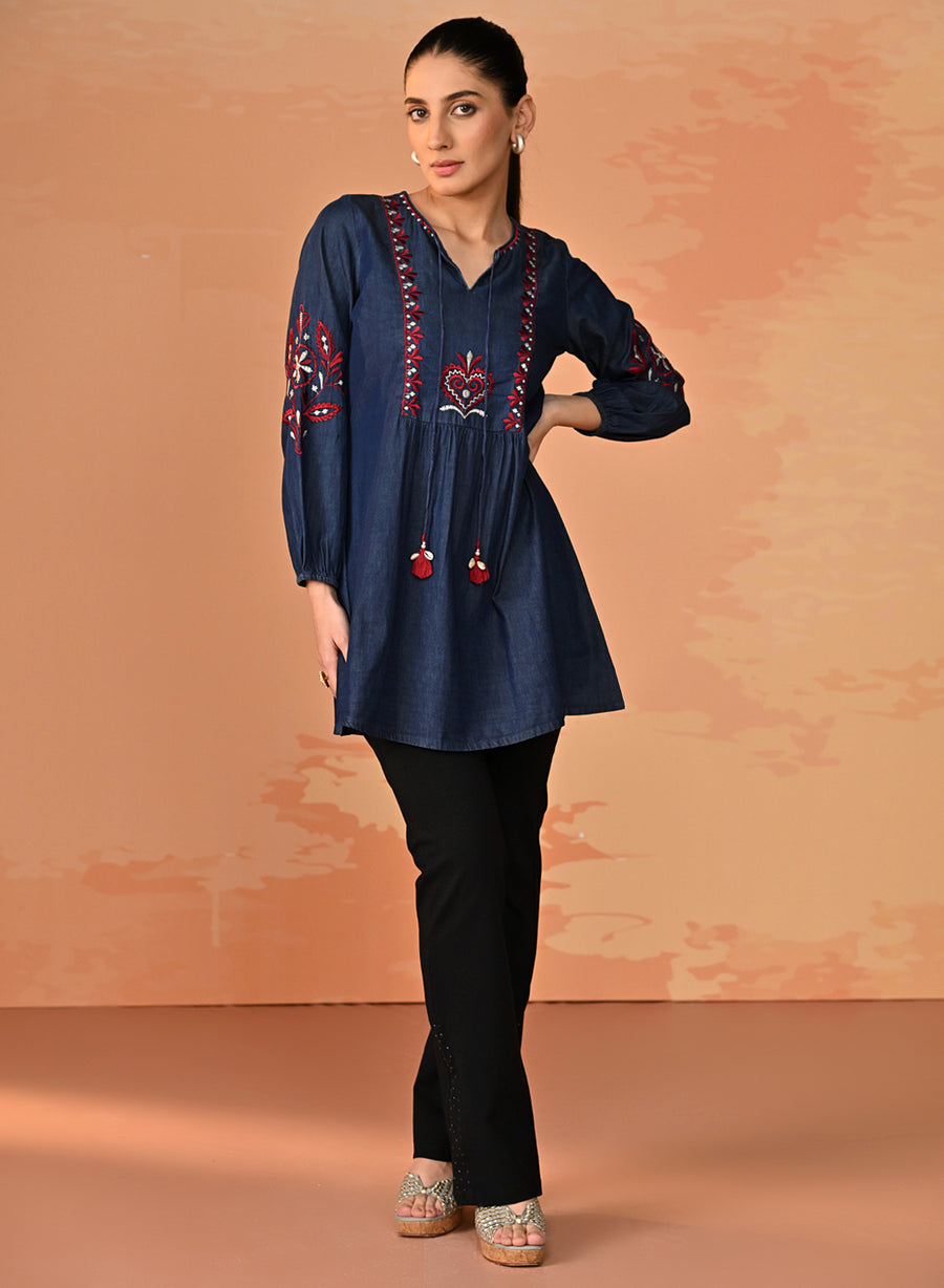 Amna Embroidered Denim Top for Women – Lakshita