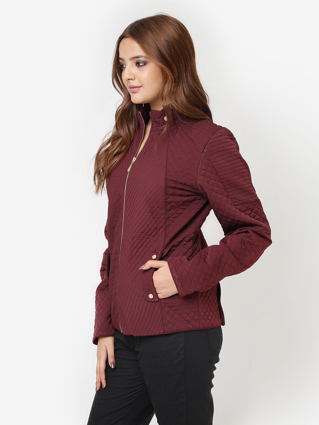 Maroon Quilted High-neck Jacket for Women – Lakshita