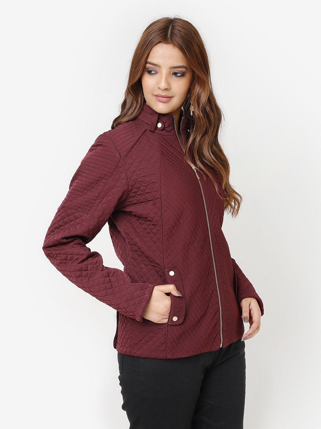 Maroon Quilted High-neck Jacket for Women – Lakshita