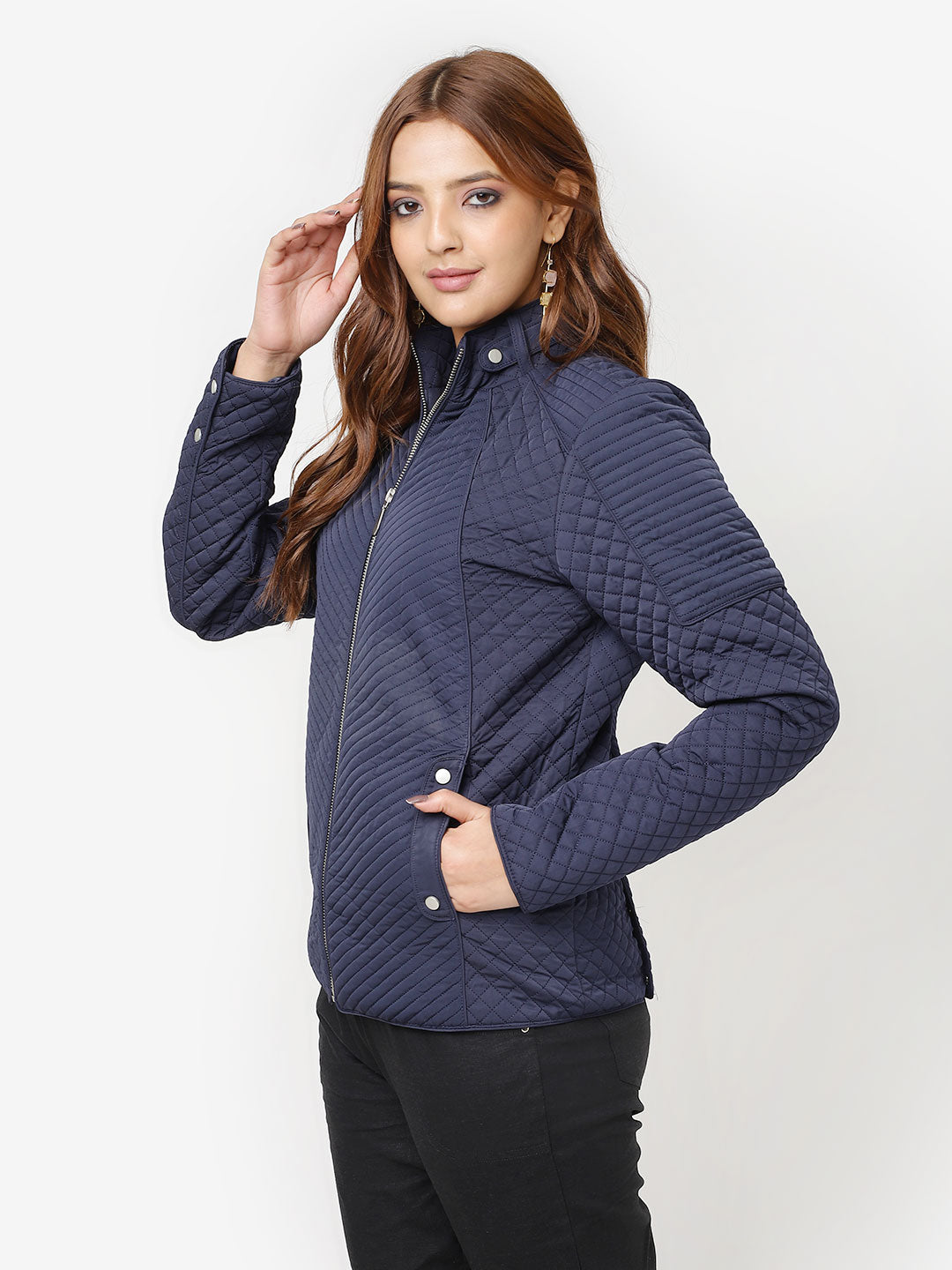 Navy Blue Quilted High-neck Jacket for Women – Lakshita