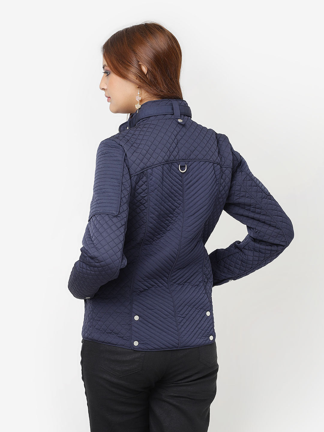Navy Blue Quilted High-neck Jacket for Women – Lakshita