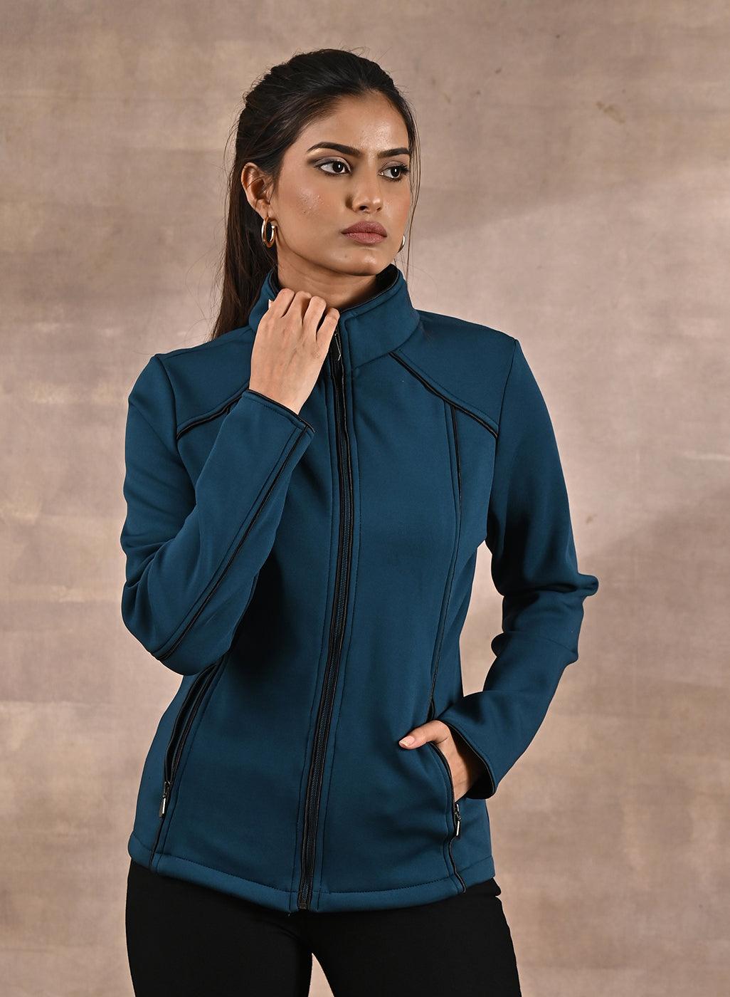 Teal Fleece Jacket with Decorative Stitch on Front-22WLFJ0407-20 – Lakshita