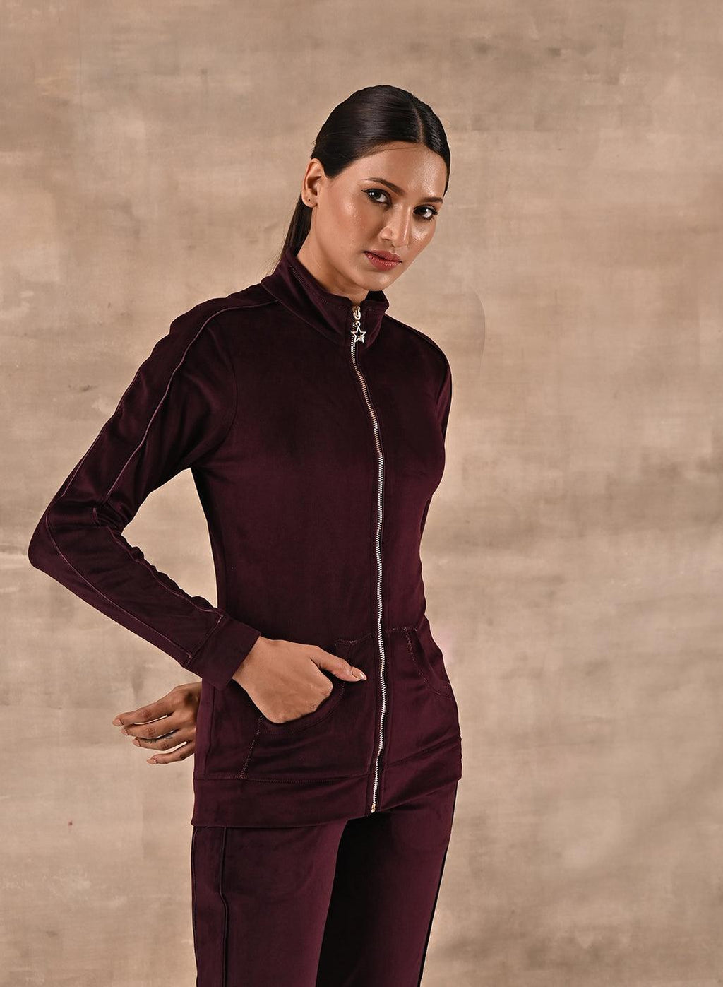 Maroon Tracksuit with Classic Collar and Zip Closure-22WLVF0451-9 ...