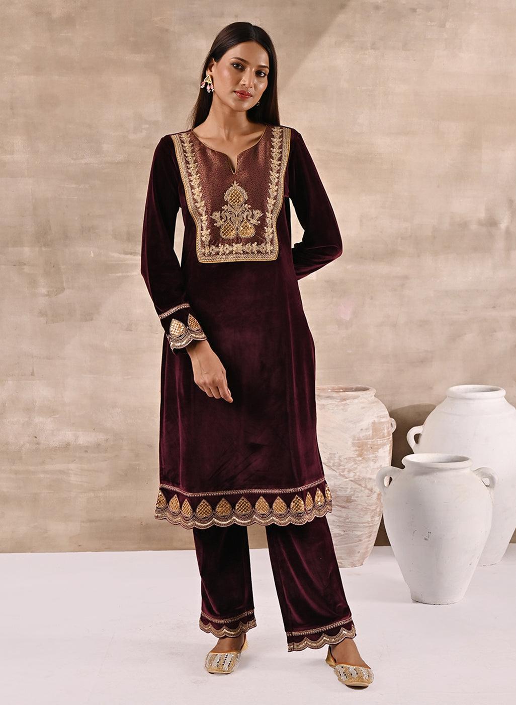 Maroon Velvet Kurta Set With Intricate Embroidery & Front Slit ...